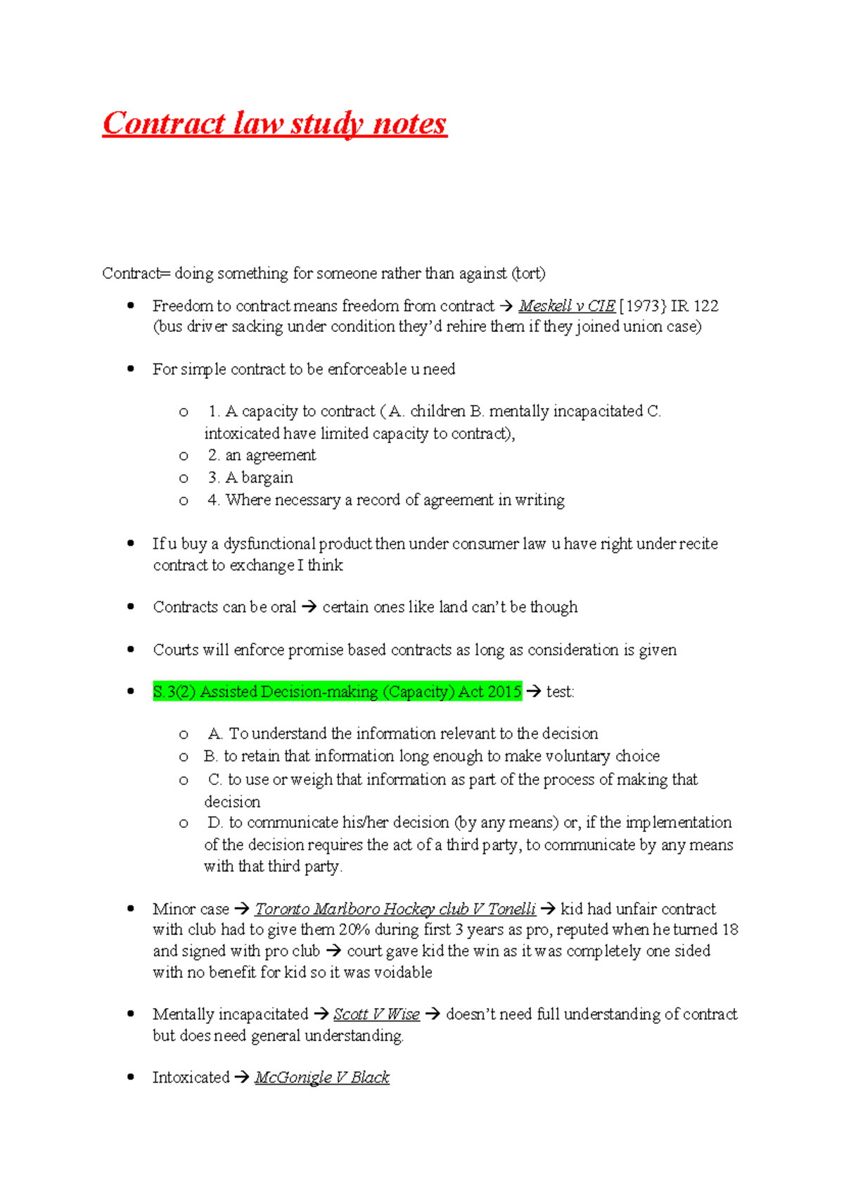 Contract law study notes - Contract law study notes Contract= doing ...