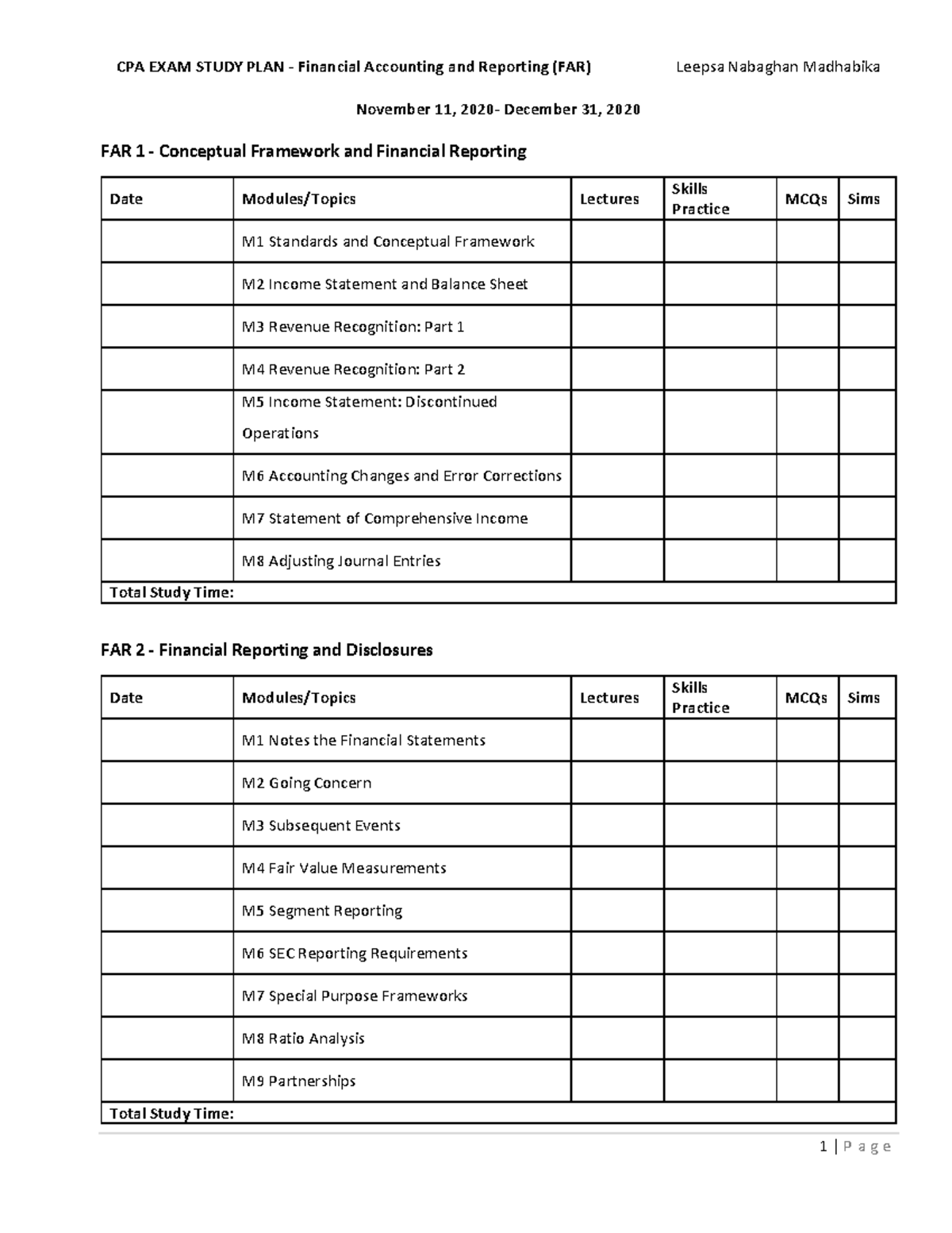 FAR Study Plan - November 11, 2020- December 31, 2020 FAR 1 ...