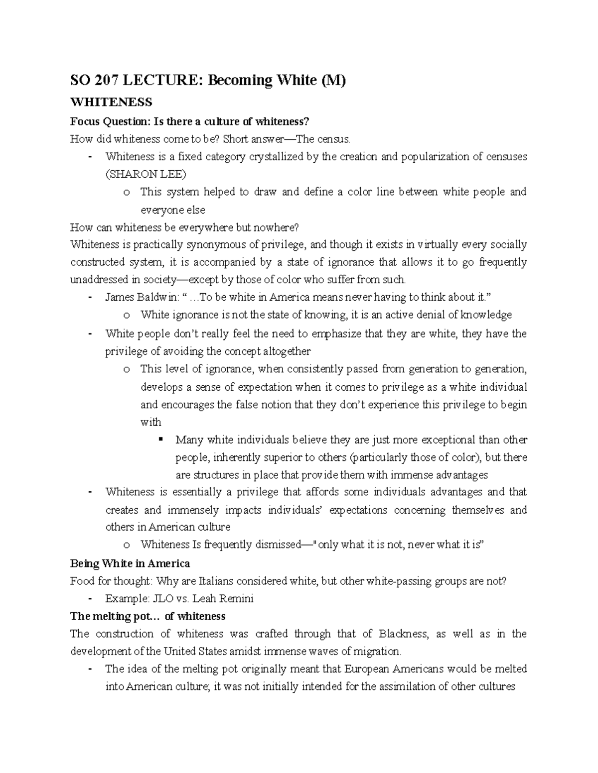 Becoming White (M) - SO 207 LECTURE: Becoming White (M) WHITENESS Focus ...