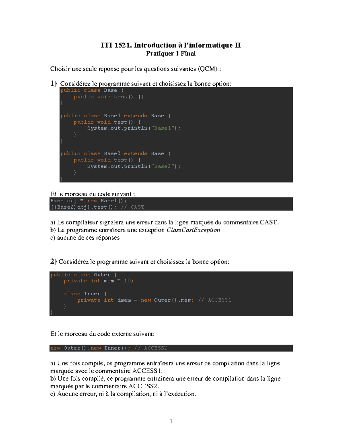 Pratique 1 Final ITI1521 11 - ITI 1521. Introduction à l’informatique II Pratiquer 1 Final ...