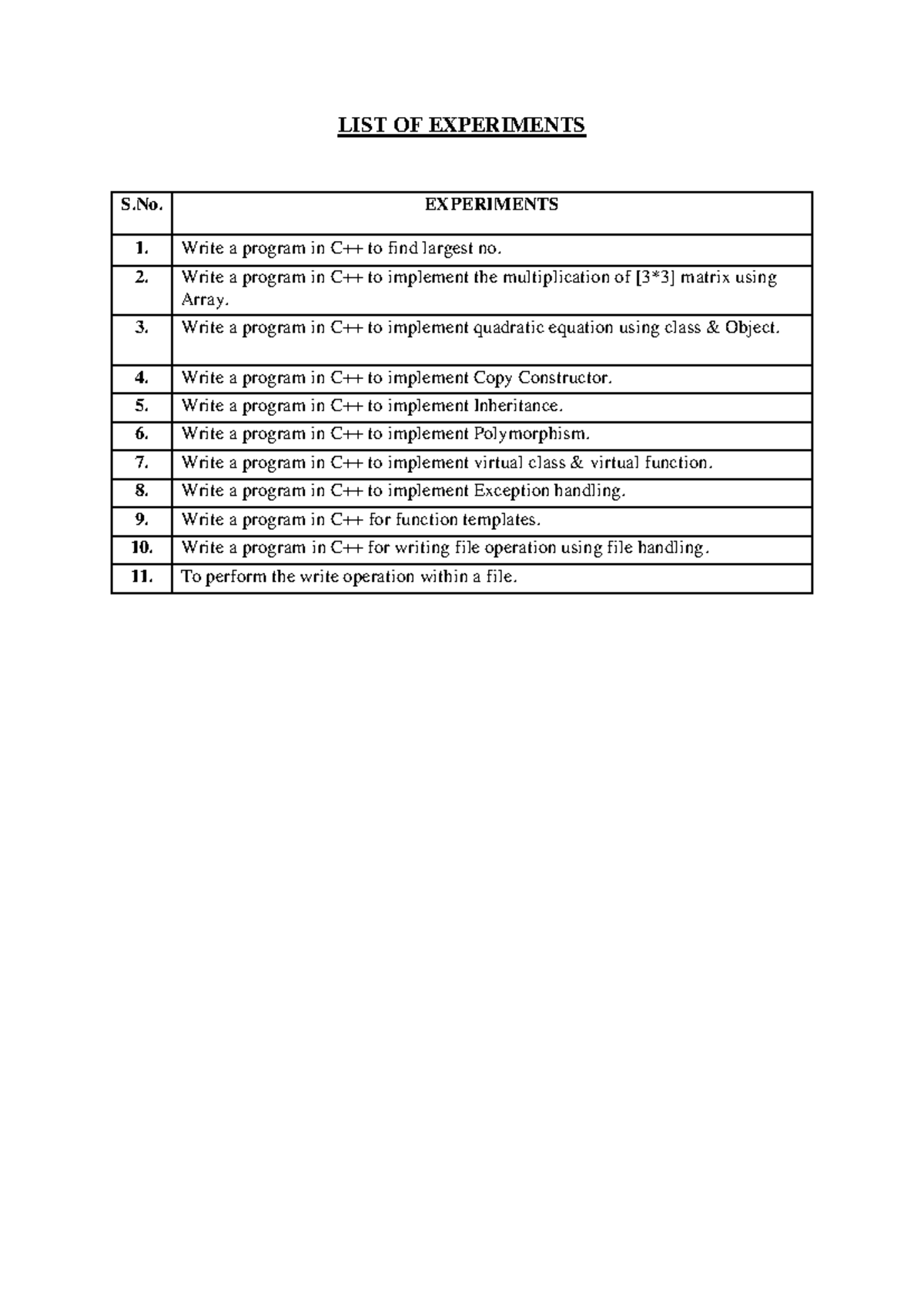 Lab-Manual-OOP&M - lab experiments - LIST OF EXPERIMENTS S. EXPERIMENTS 1. Write a program in ...