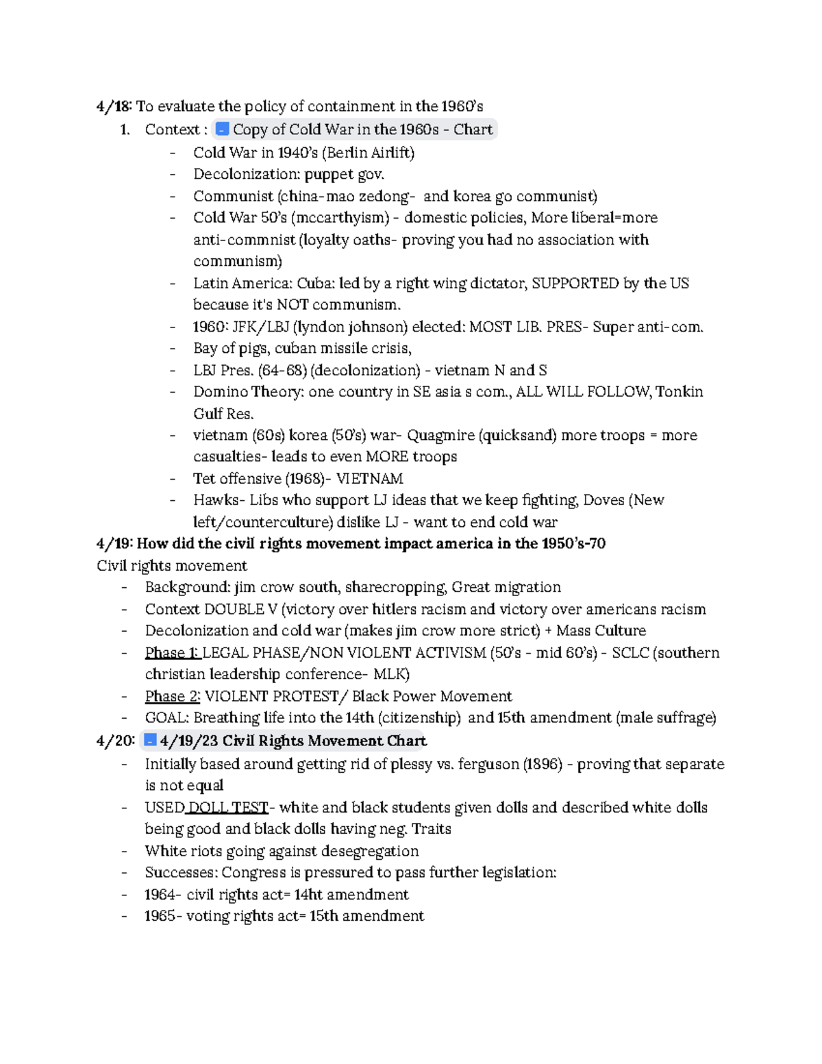 TP 8 Notes - 4/18 To evaluate the policy of containment in the 1960’s 1 ...