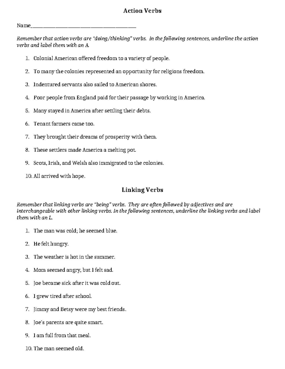 Verb packet - shdiashdiad - Action Verbs Name