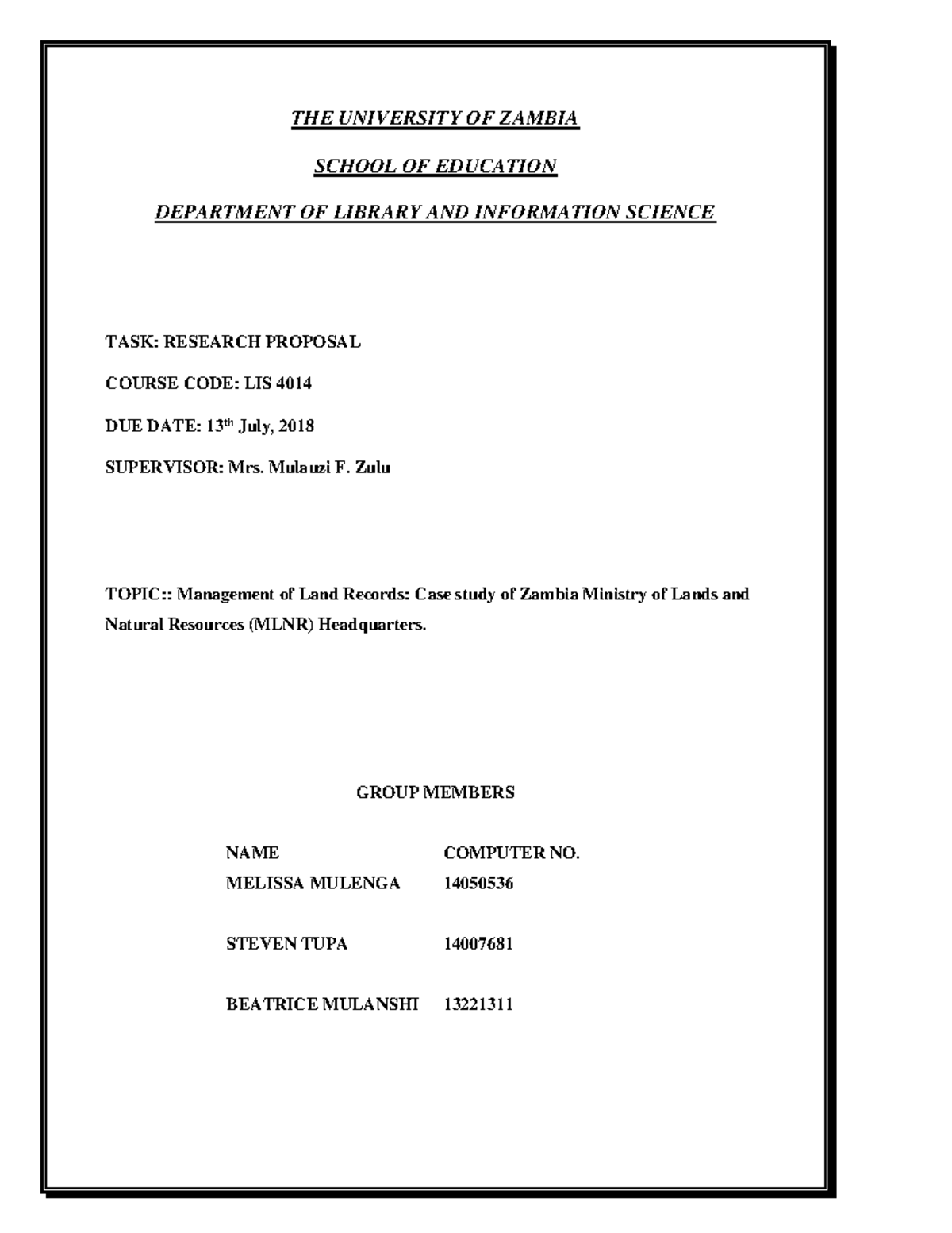 LIS 4014 Research Proposal DUE 13 07 18 - THE UNIVERSITY OF ZAMBIA ...