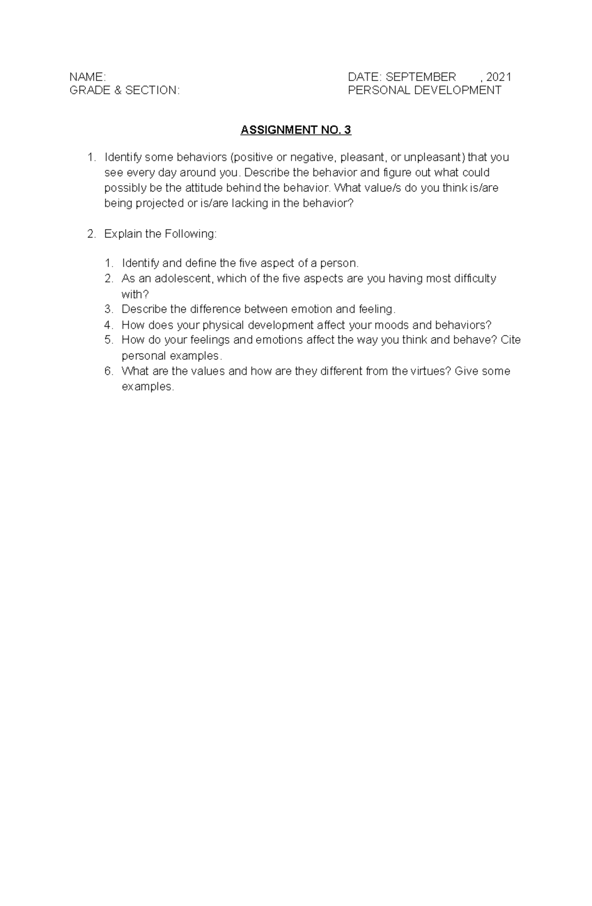 Perdev- Assignment 3 - NAME: DATE: SEPTEMBER , 2021 GRADE & SECTION: PERSONAL DEVELOPMENT - Studocu