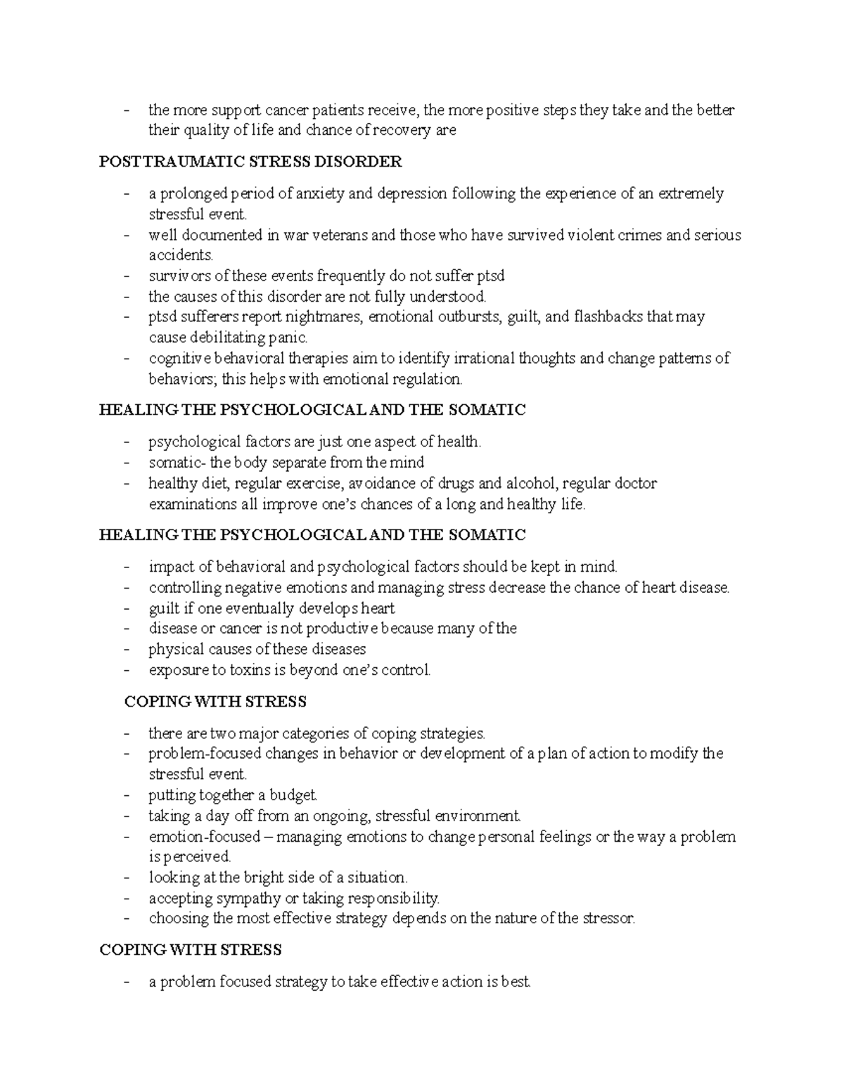 Stress AND Coping Notes 5 - the more support cancer patients receive ...