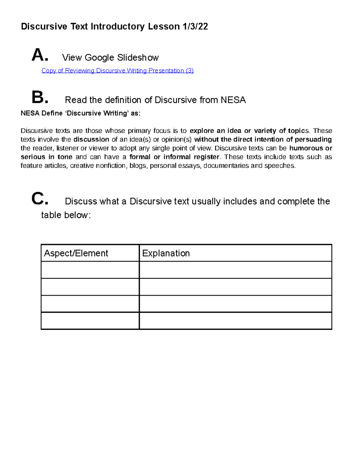 Discursive Text Introductory Lesson 1 3 22 - View Google Slideshow Copy ...