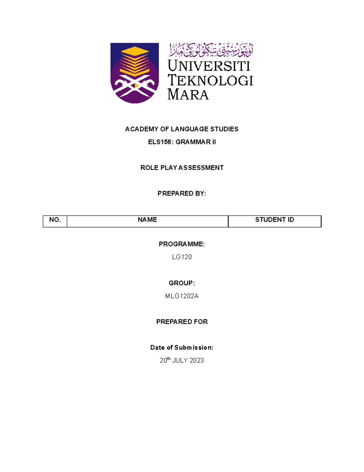 ROLE PLAY Scripts ELS156 - ACADEMY OF LANGUAGE STUDIES ELS156: GRAMMAR ...