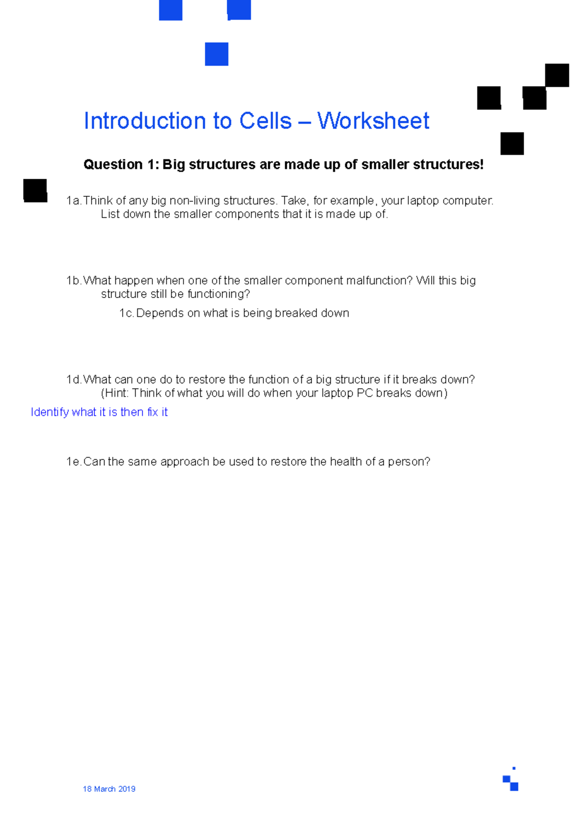 Lecture 1 Worksheet - yea pre much - Introduction to Cells – Worksheet ...