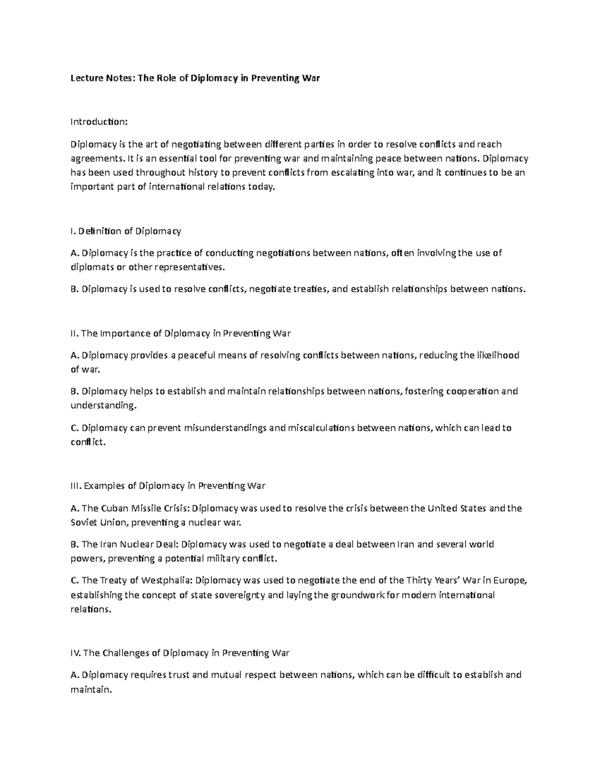 Lecture Notes: The Role of Diplomacy in Preventing War - Lecture Notes ...