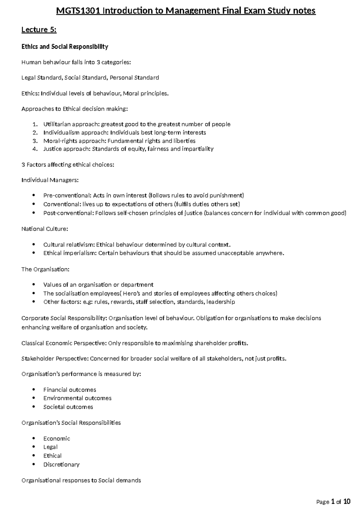 MGTS1301 Introduction to Management Final Exam Study notes - Approaches ...