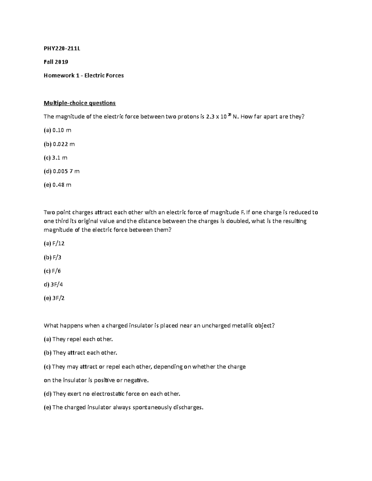 HW1 - Electric forces - Practice problem for college physics - PHY220 ...