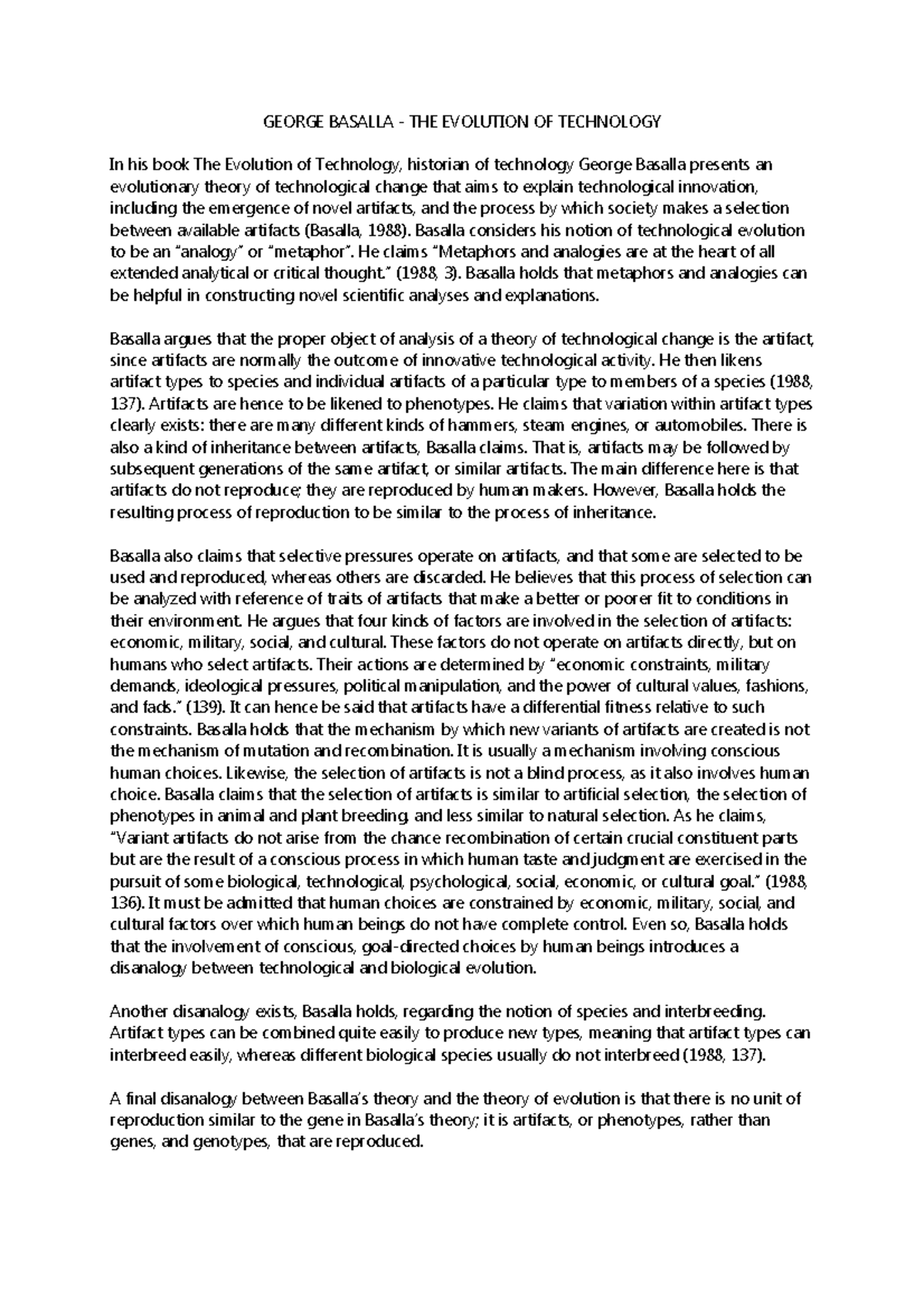 Summary Evolution of Technology, George Basalla - Quick - GEORGE ...