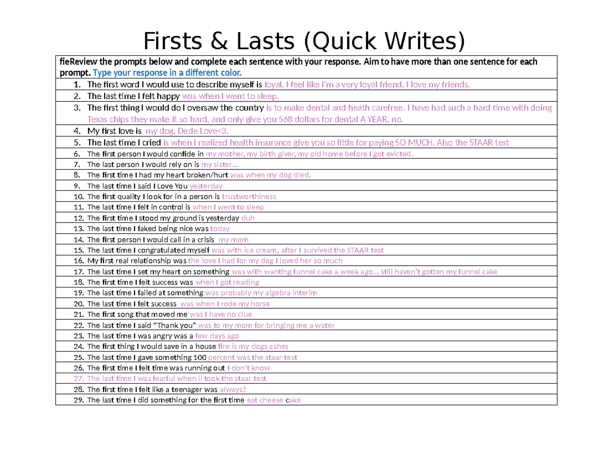 Firsts & Lasts 2024-1 - 87654fhgjkl - Firsts & Lasts (Quick Writes ...