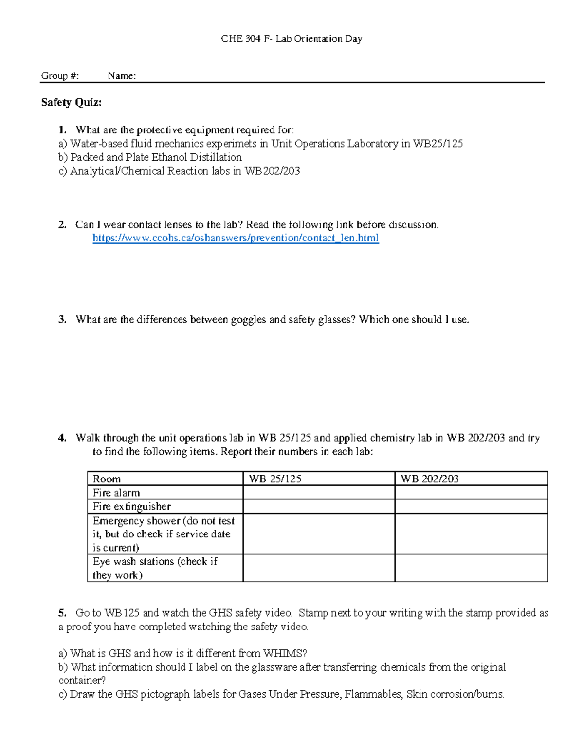 UOL Safety Quiz (individual) - CHE 304 F- Lab Orientation Day Group ...