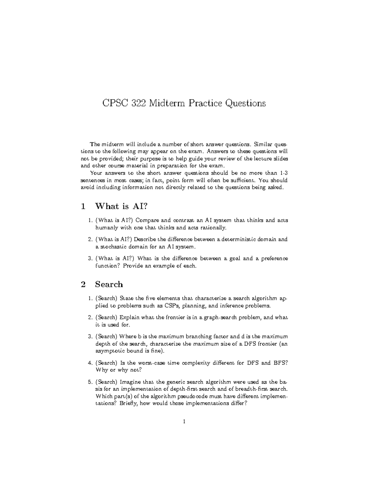Midterm Review Short Questions - CPSC 322 Midterm Practice Questions The midterm will include a ...