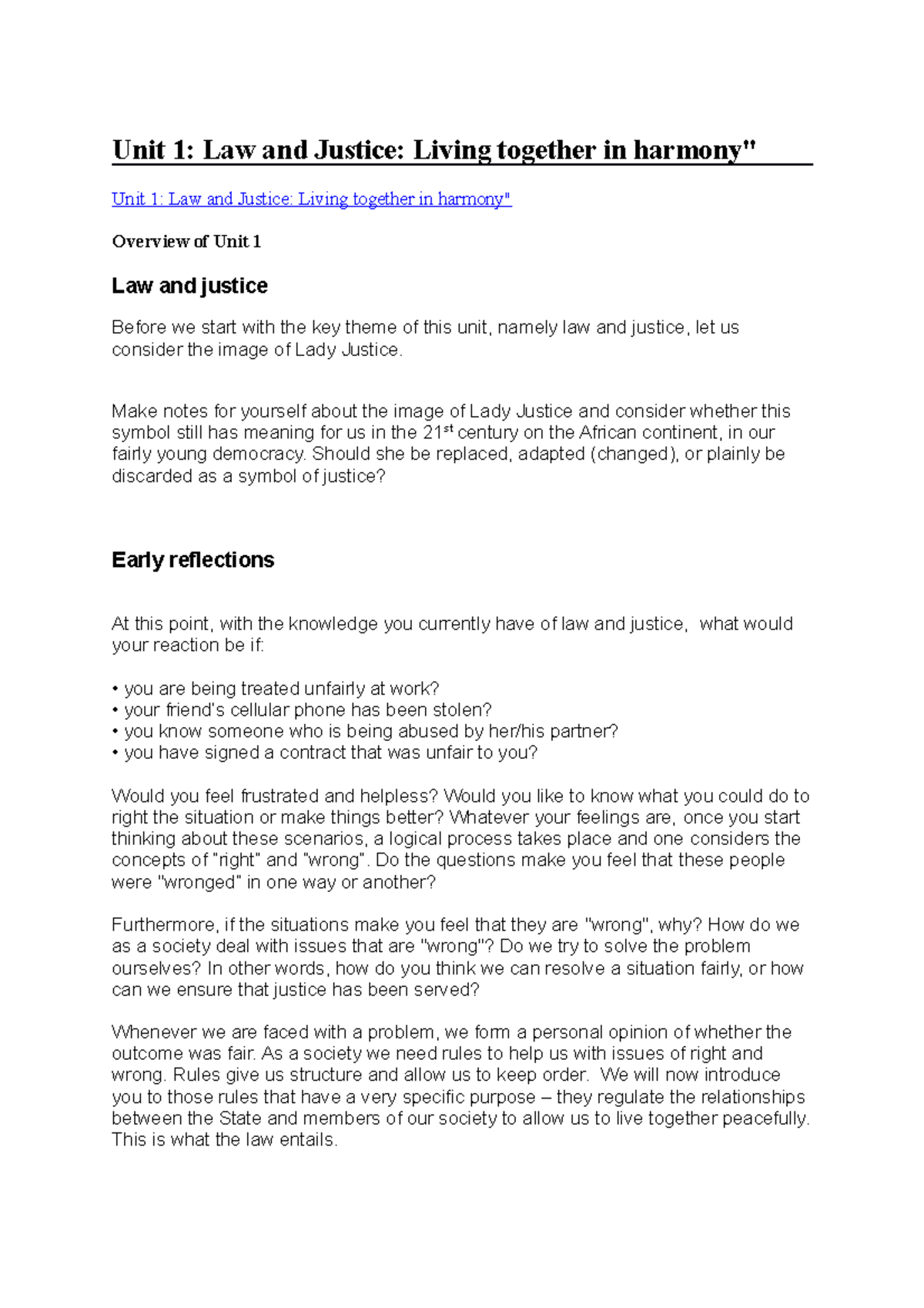 SJD1501 UNIT 1 Notes - done - Unit 1: Law and Justice: Living together ...