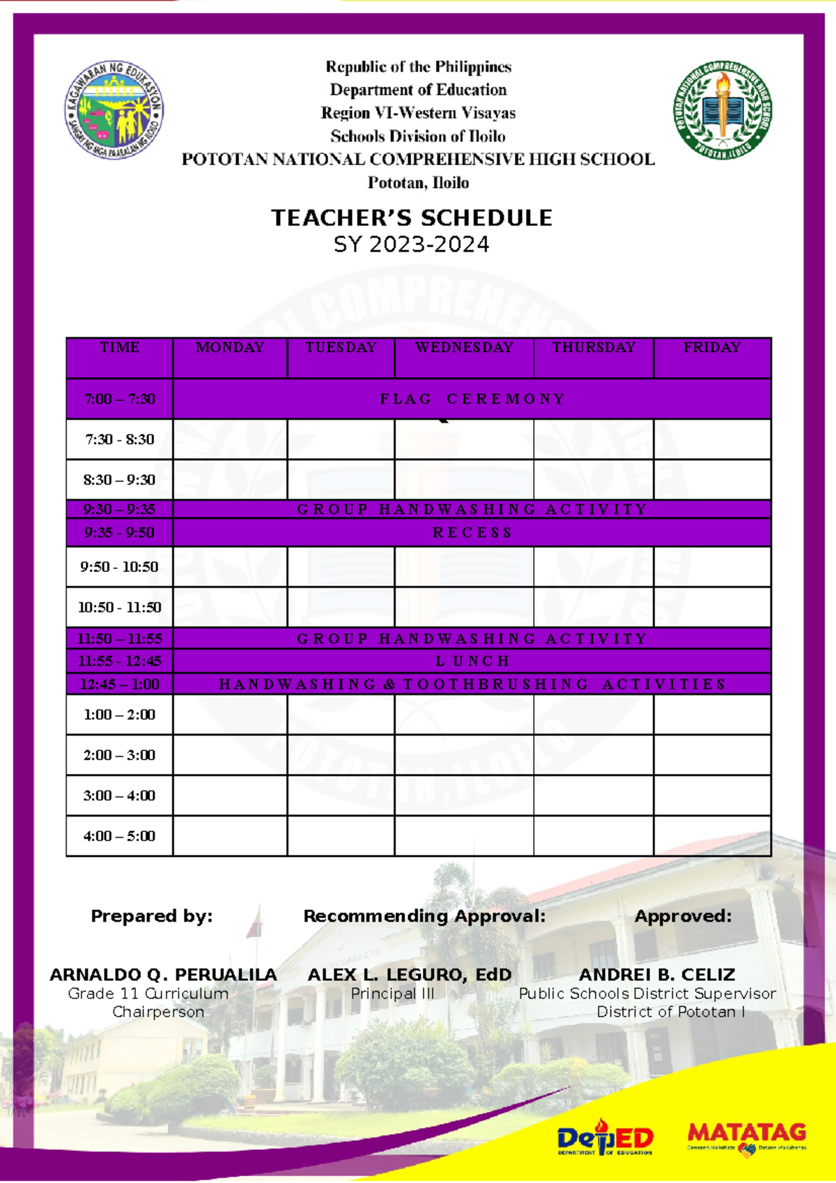 Grade-11- Teachers- Schedule - Prepared by: Recommending Approval ...