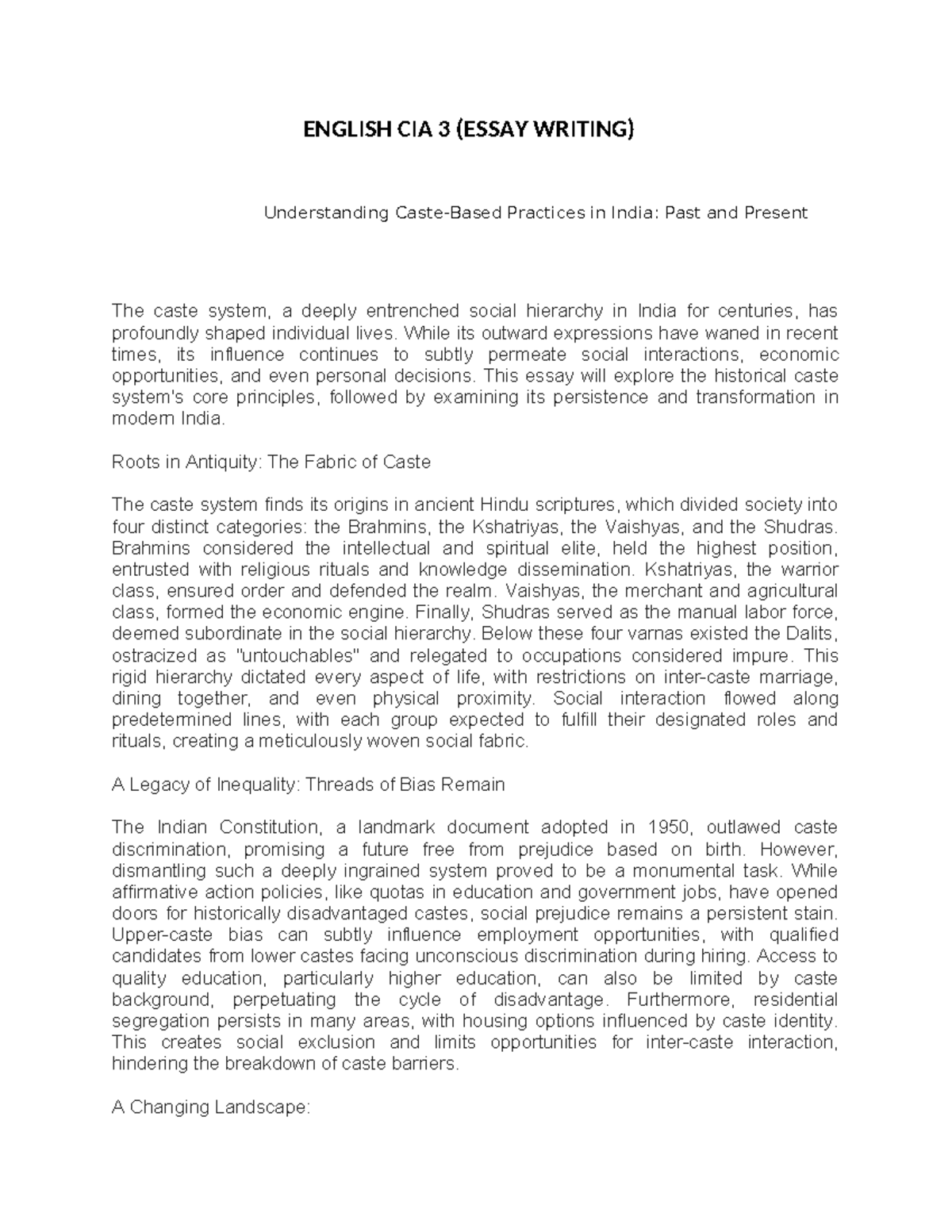 English assignment - ENGLISH CIA 3 (ESSAY WRITING) Understanding Caste ...