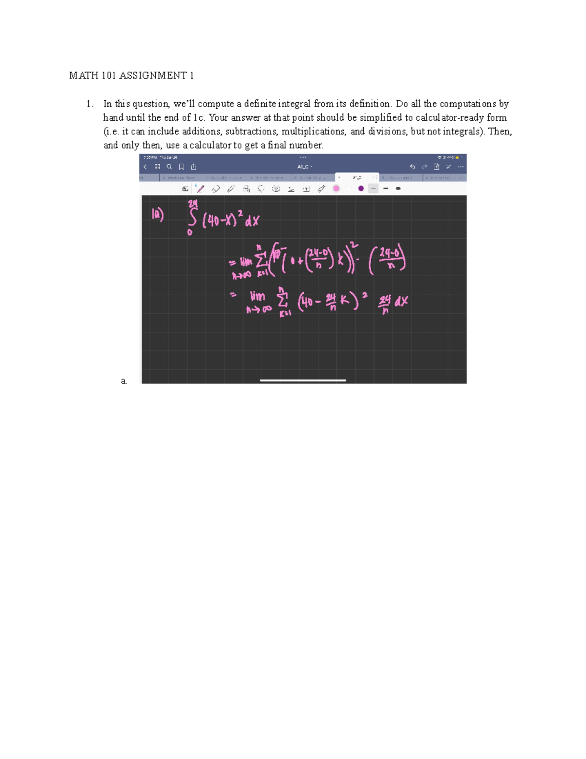 assignment 1 math - MATH 101 ASSIGNMENT 1 In this question, we’ll ...