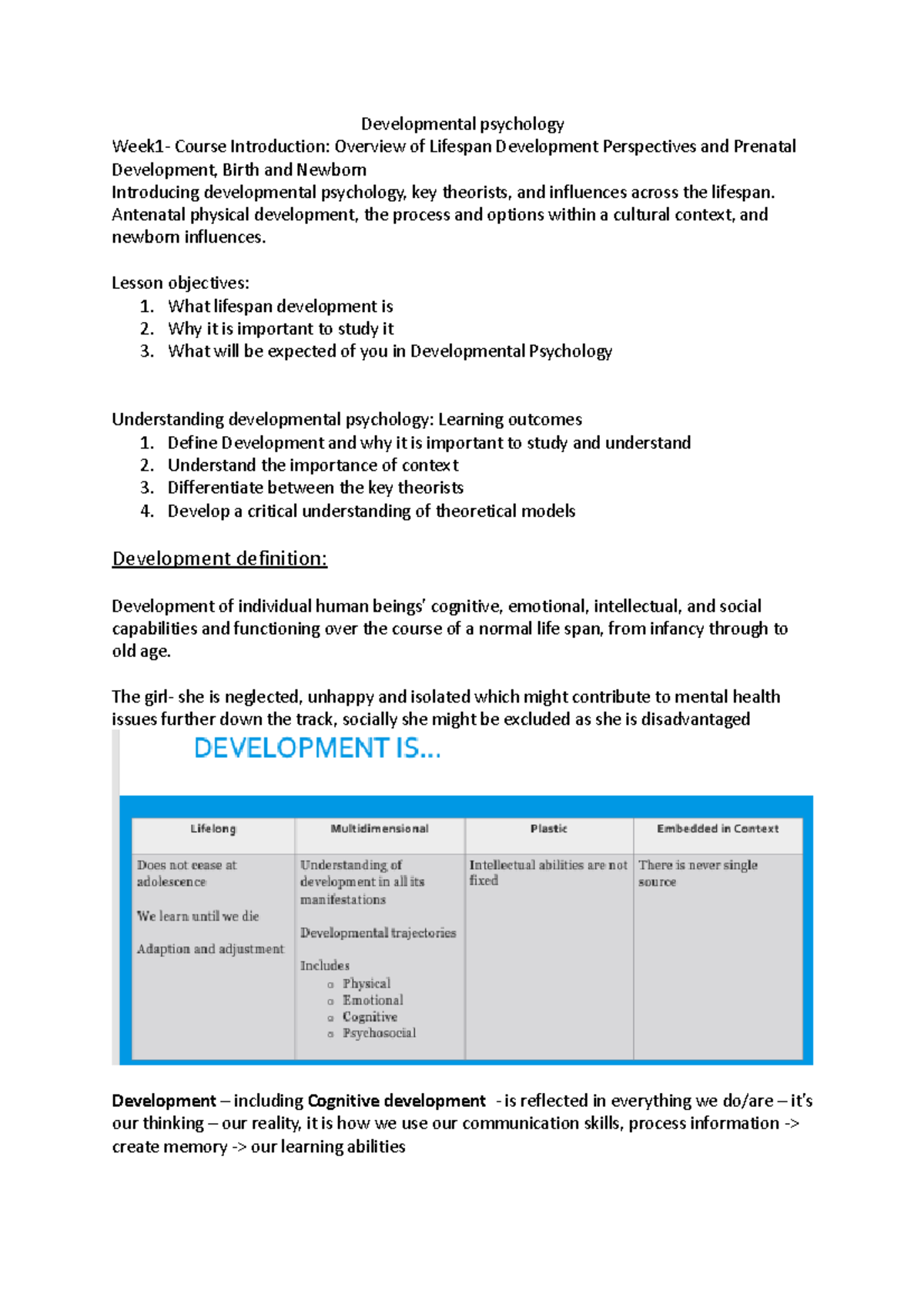 Week1 Developmental psychology - Developmental psychology Week1- Course ...