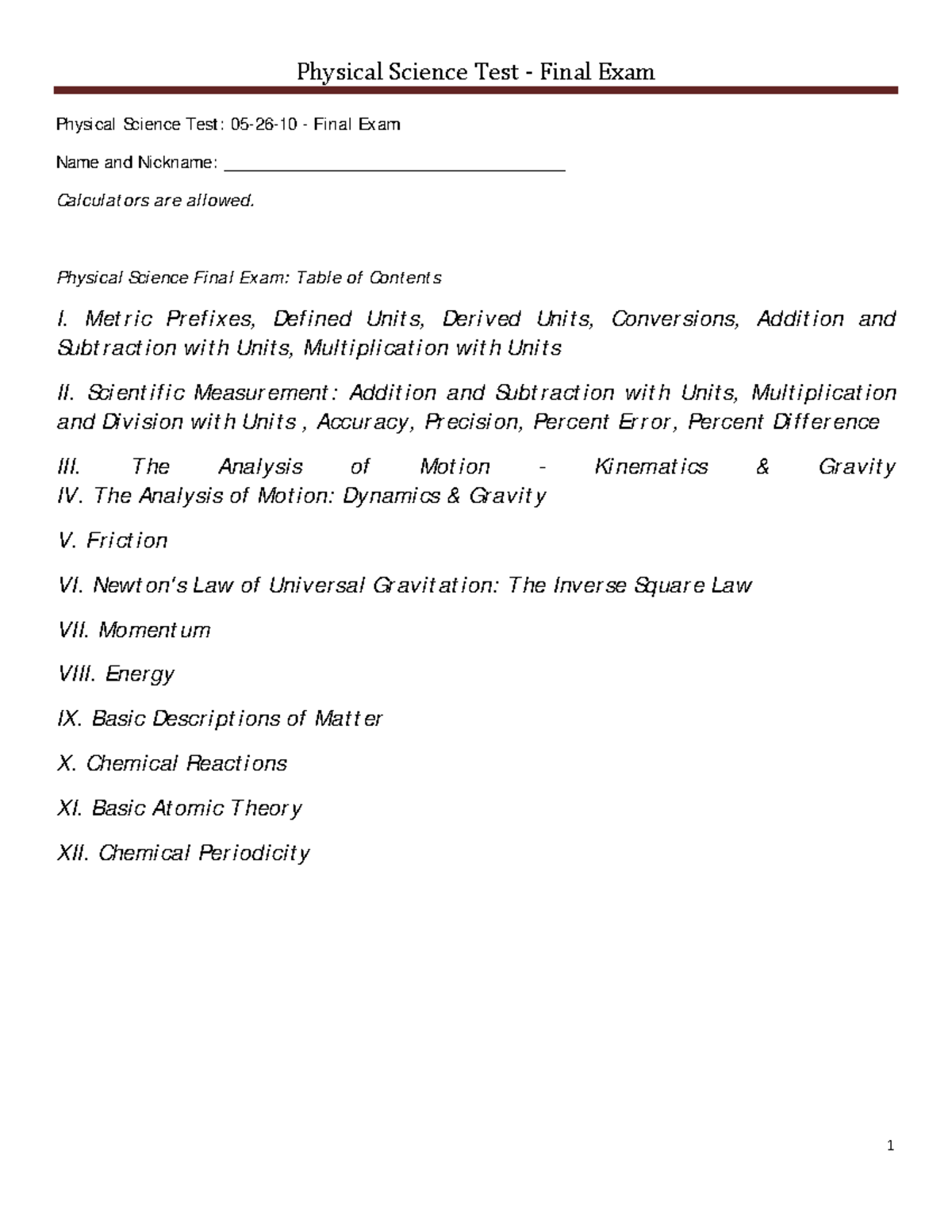 Physical Science Test 05 17 10 Final Exam 4 - Physical Science Test: 05 ...