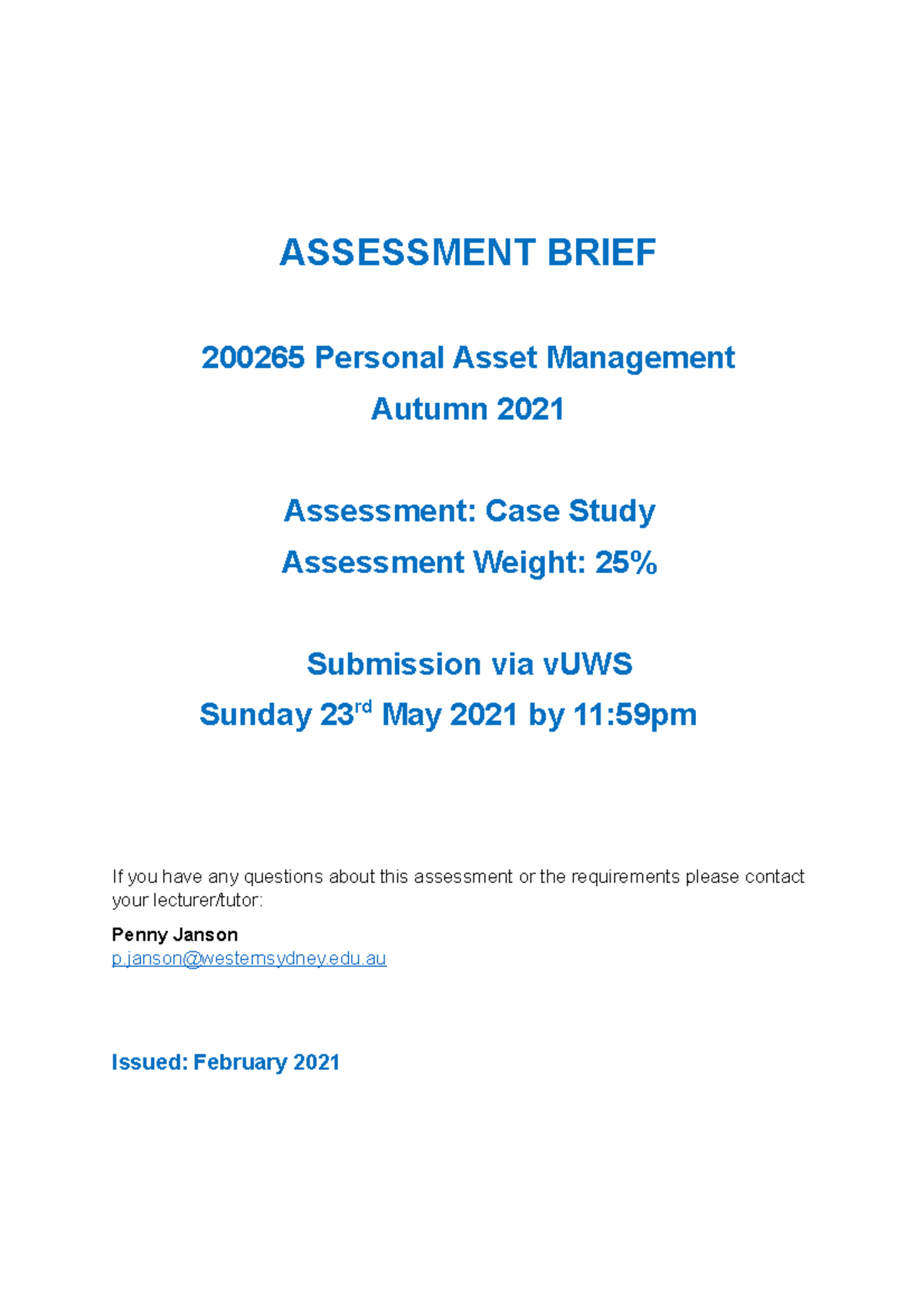 2002 65 Autumn 2021 Assessment Brief - Case Study (25%)-2 - ASSESSMENT ...