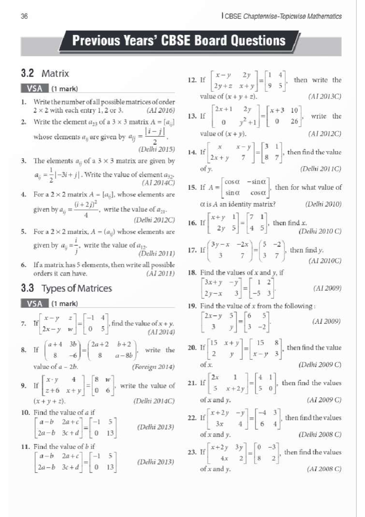 Matrix PYQs - Very detailed description - 36 CBSE Mathematics Previous CBSE Board Questions 3 ...