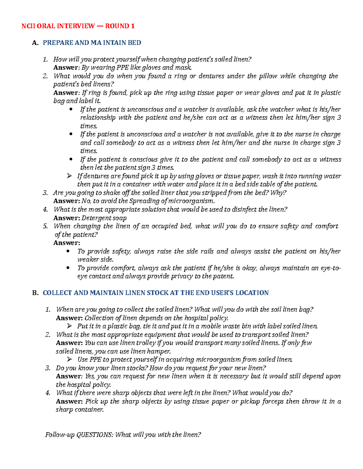 ORAL-HCS - FOR ORAL - NCII ORAL INTERVIEW — ROUND 1 A. PREPARE AND MA INTAIN BED How will you ...