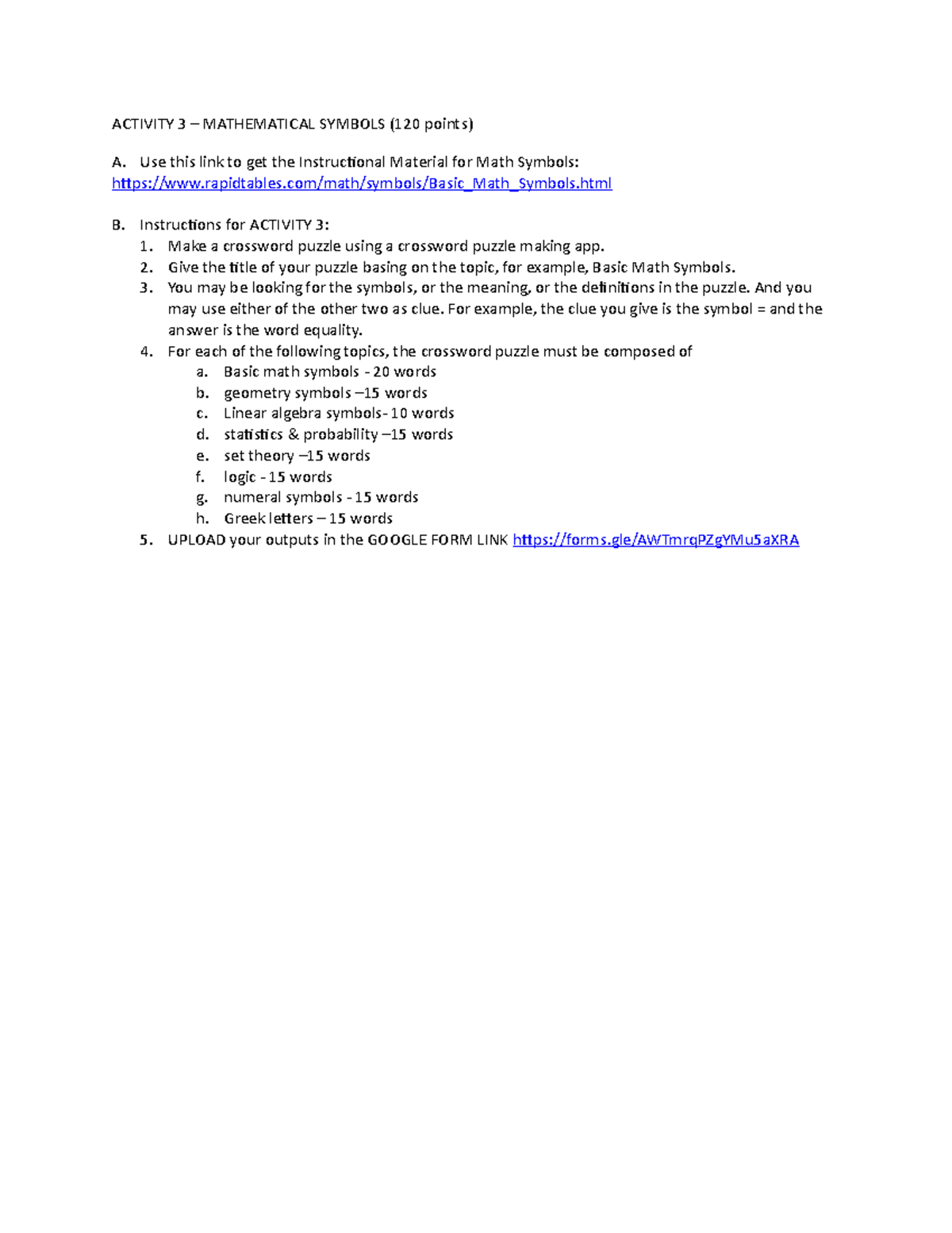 INSTRUCTIONS FOR ACTIVITY 3 MATHEMATICAL SYMBOLS - ACTIVITY 3 ...