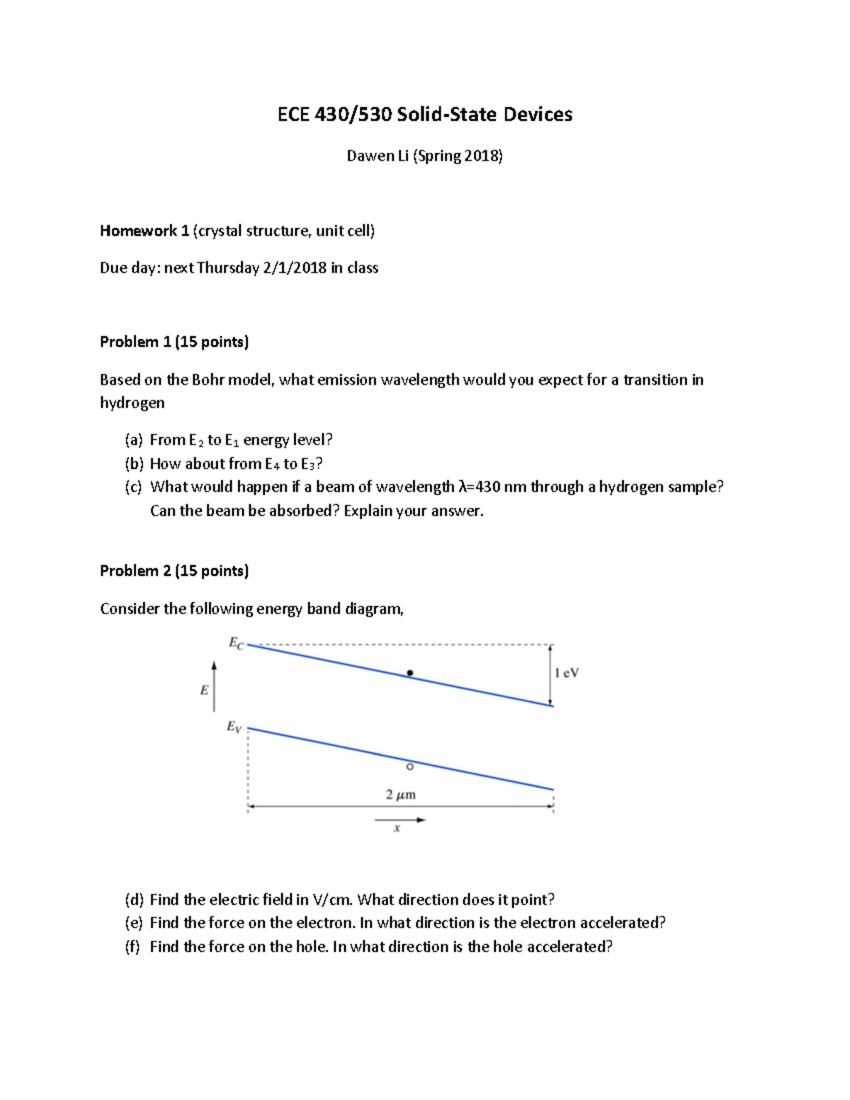Hw1-1-25-Spring 2018 - ECE 430/530 Solid-State Devices Dawen Li (Spring 2018) Homework 1 ...