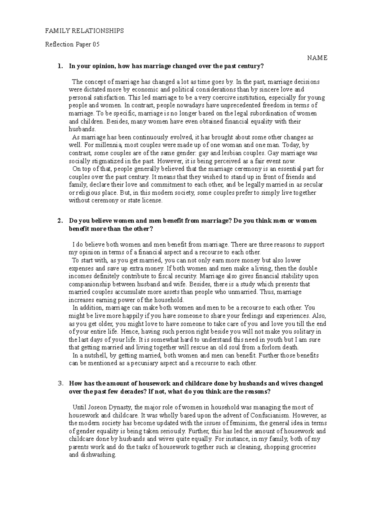 Reflection 5 - 최희정 교수님의 국제어 강의 교수님께서 매주 과제로 내주시는 - FAMILY RELATIONSHIPS ...