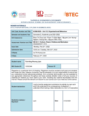 OB-report - Report OB - NATIONAL ECONOMIC UNIVERSITY SCHOOL OF ADVANCED ...