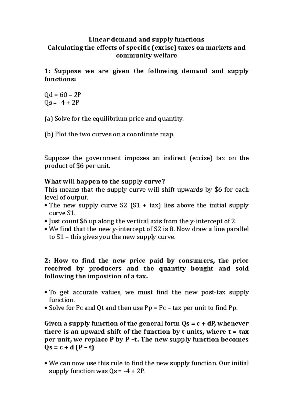 Worksheet - helpful - Linear demand and supply functions Calculating ...