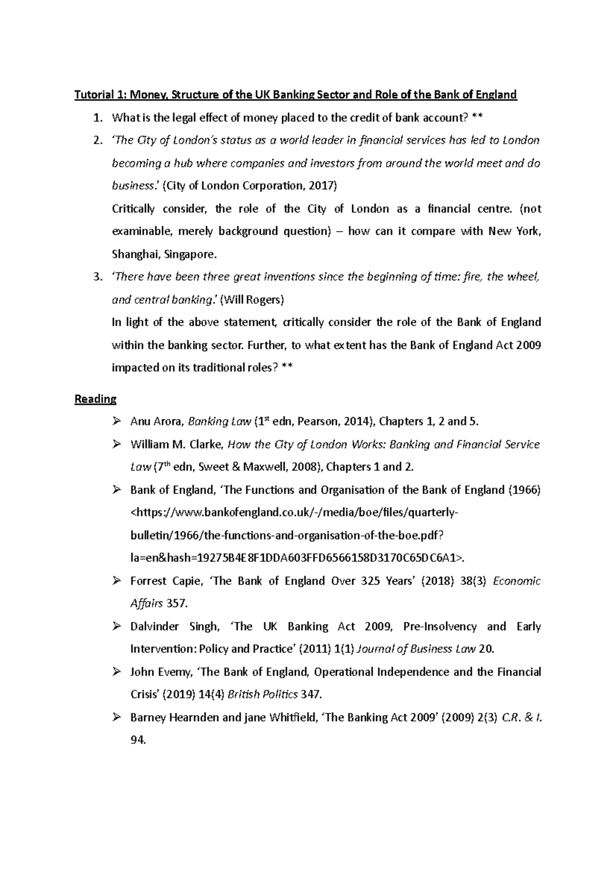 Seminar 1 - Tutorial 1: Money, Structure of the UK Banking Sector and ...