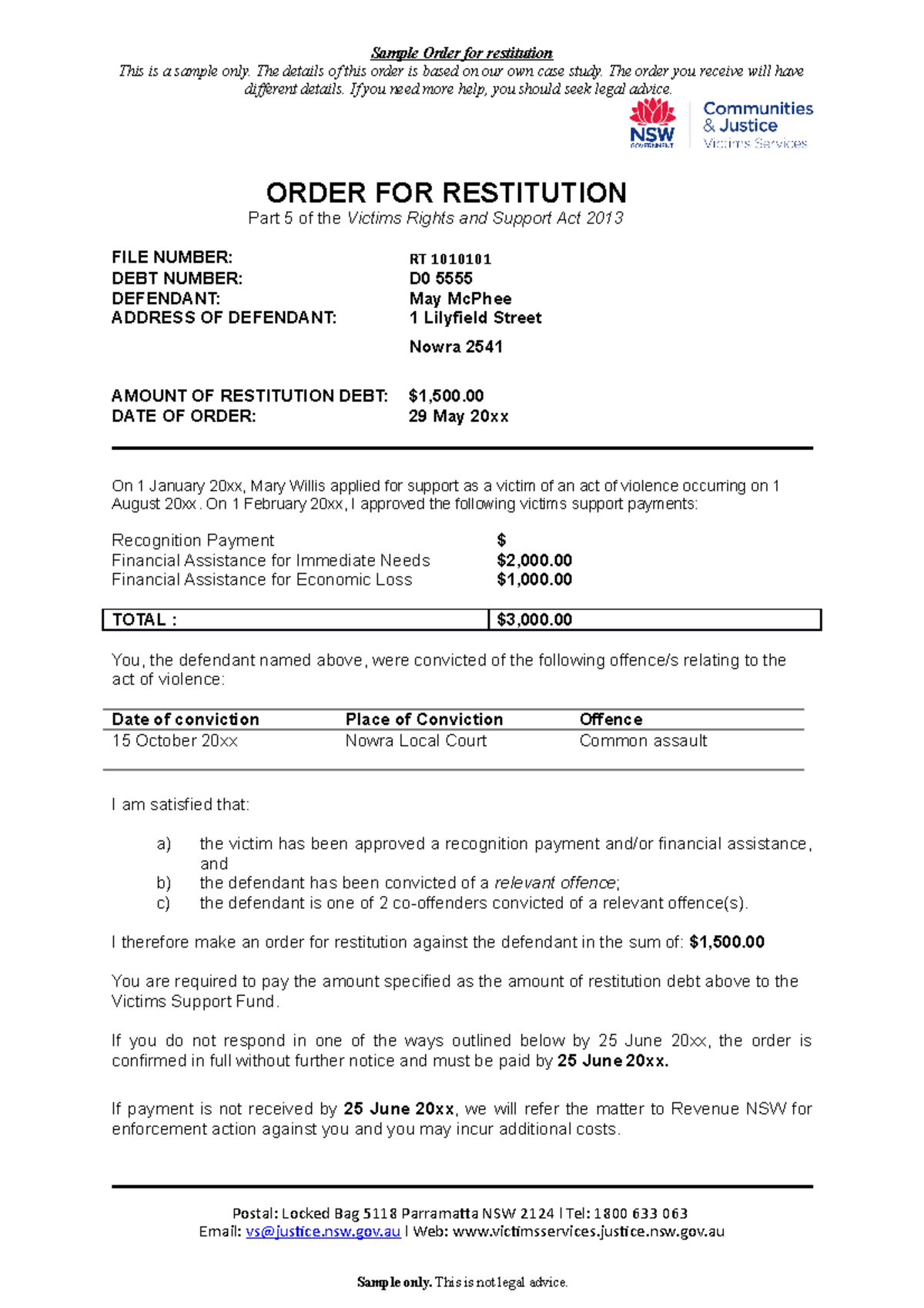 2 - good work - Sample Order for restitution This is a sample only. The ...
