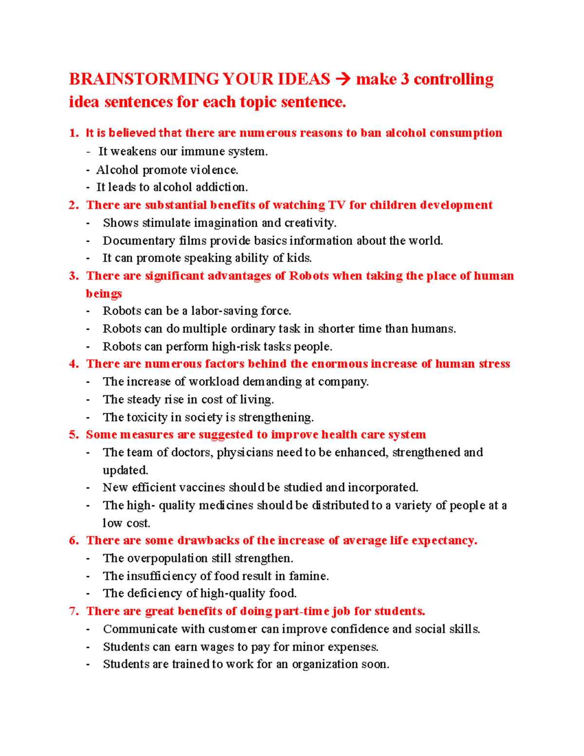 Brainstorming main ideas - BRAINSTORMING YOUR IDEAS make 3 controlling ...