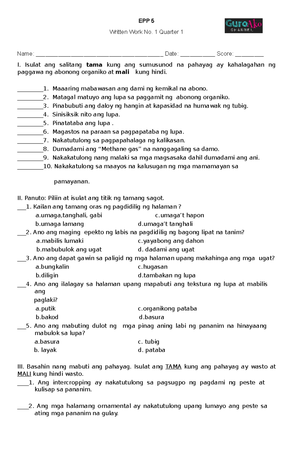 ST-EPP-5-NO.-1 - ENJOY! - EPP 5 Written Work No. 1 Quarter 1 Name ...