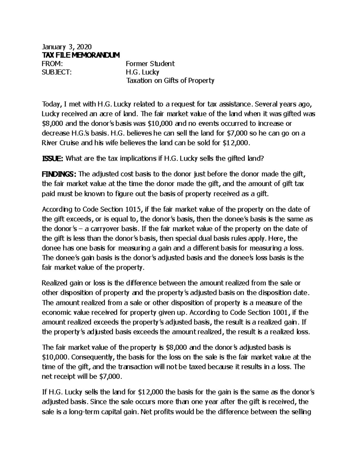 Example Writing Assignment - January 3, 2020 TAX FILE MEMORANDUM FROM ...