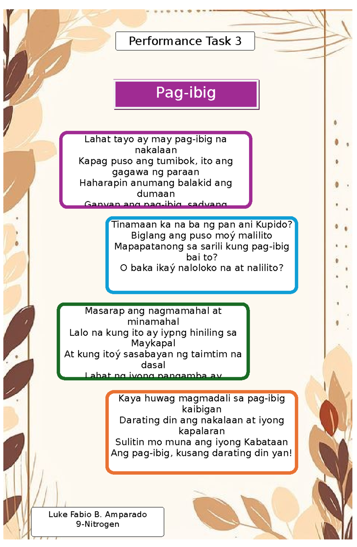 PT 3 - PERFORMANCE TASK SA FILIPINO - Performance Task 3 Pag-ibig Lahat ...
