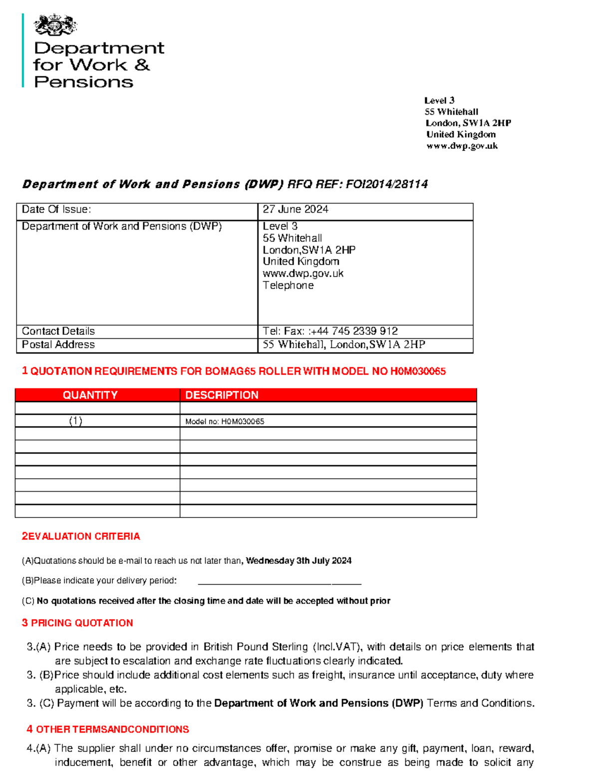 RFQ Letter - This is a sample - Level 3 55 Whitehall London, SW1A 2HP ...