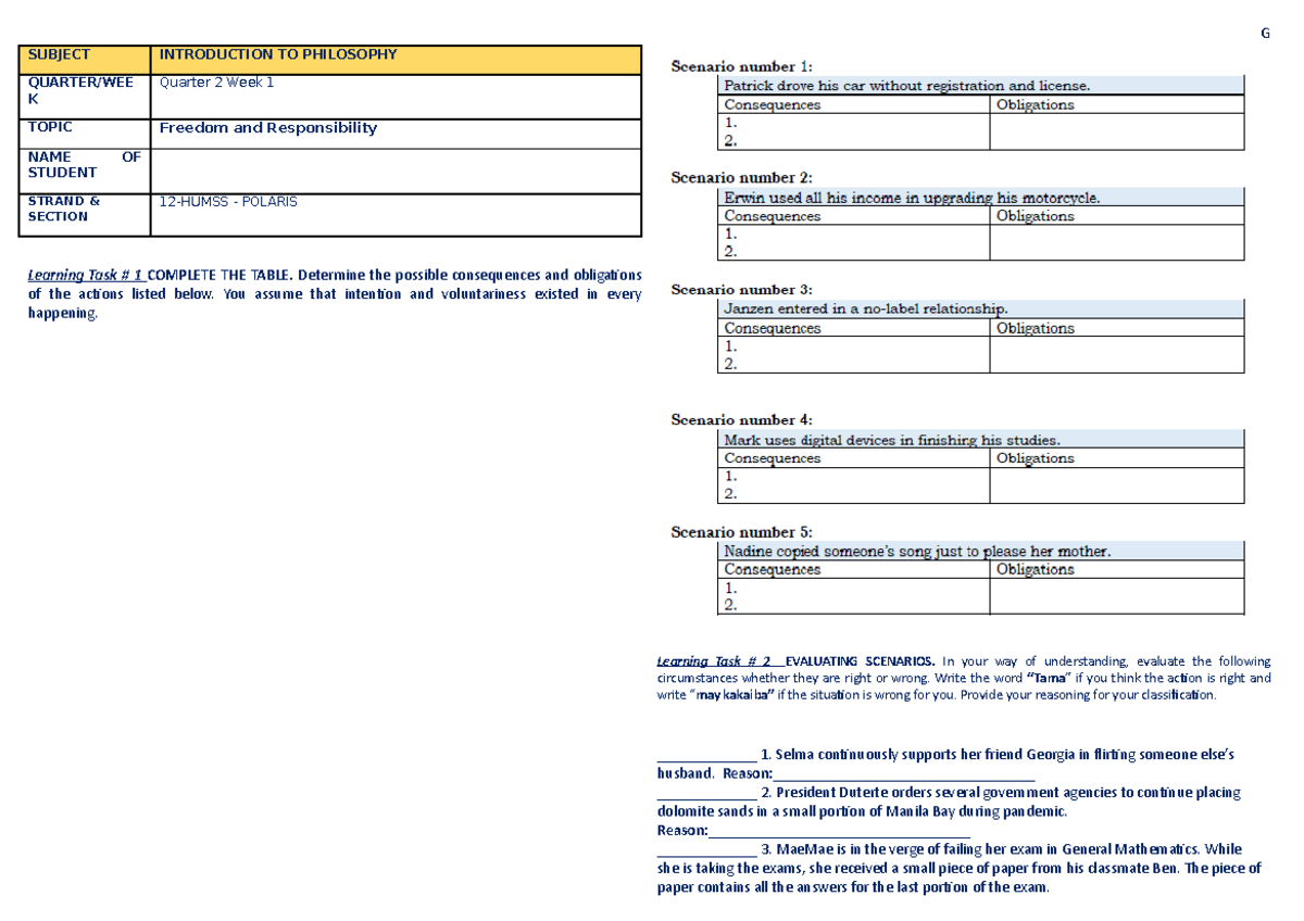 Intro to Philo Task sheet Week 1 and 2 Qtr - SUBJECT INTRODUCTION TO ...