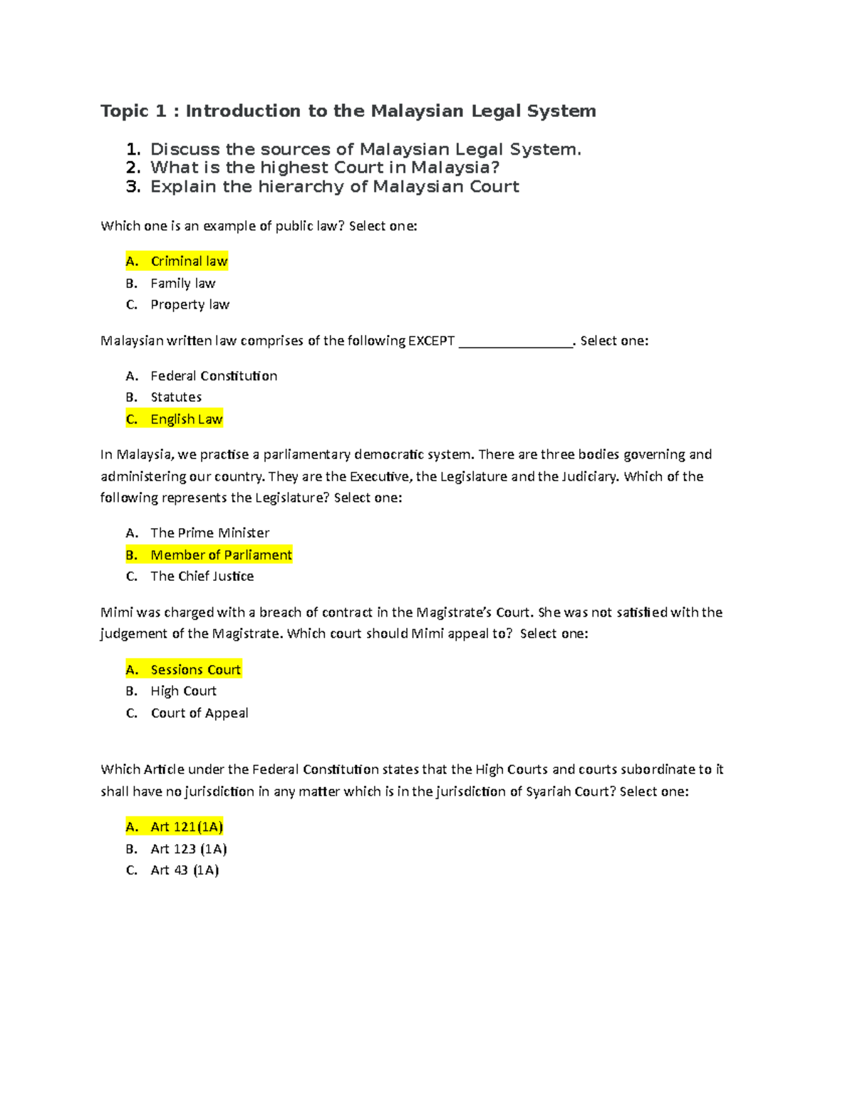Introduction to the Malaysian Legal System - Discuss the sources of ...