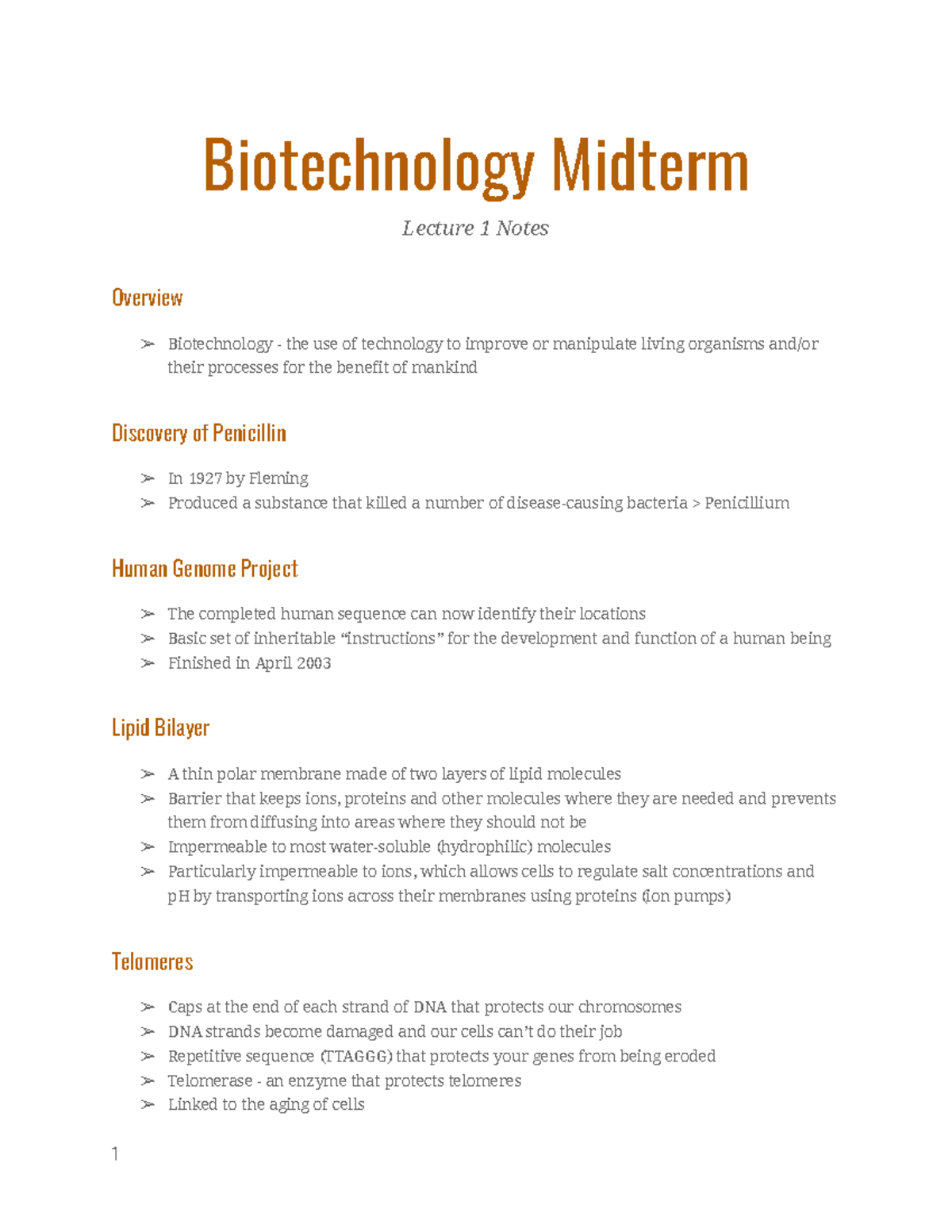 Biotechnology Week 1-7 - Biotechnology Midterm Lecture 1 Notes Overview ...