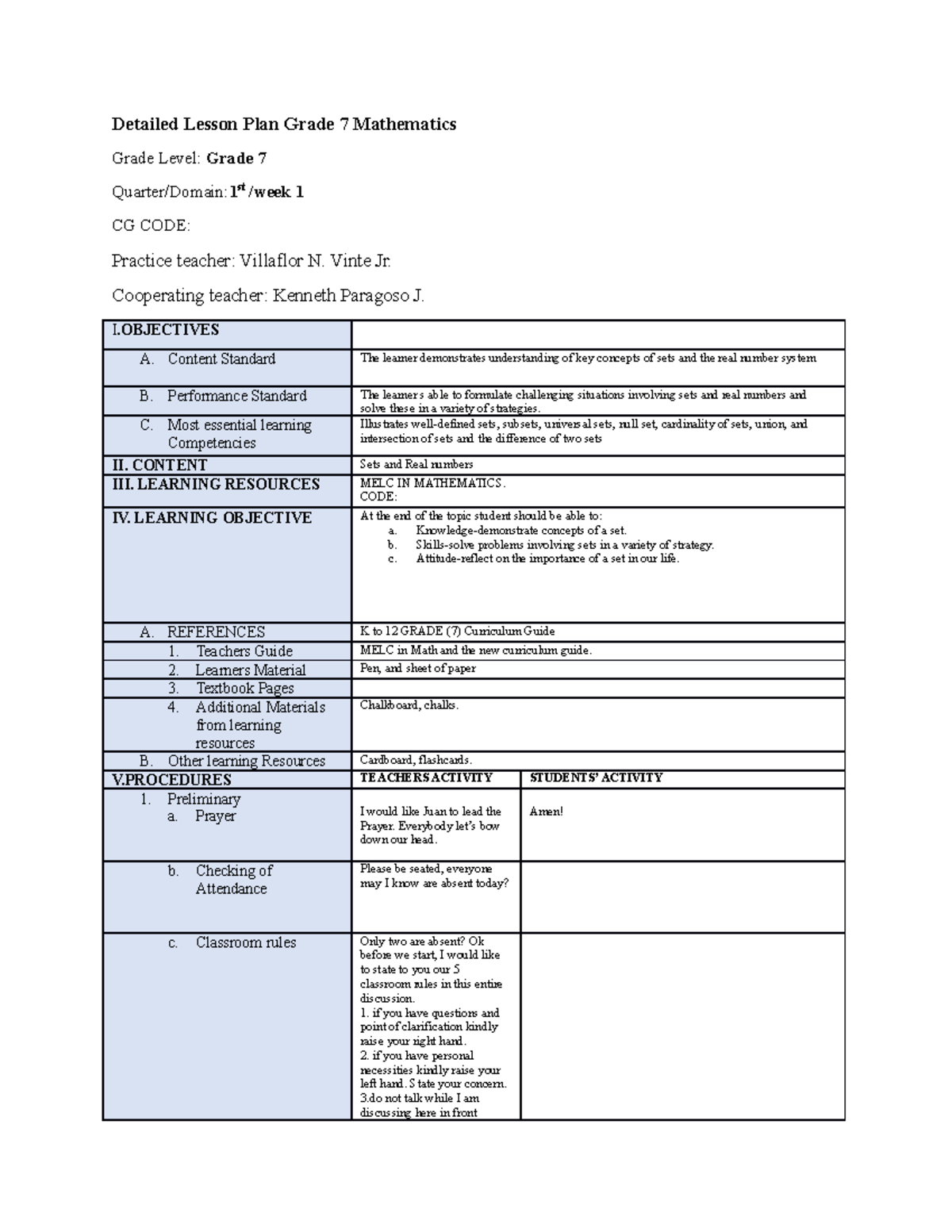 New curriculum lesson plan - Detailed Lesson Plan Grade 7 Mathematics ...