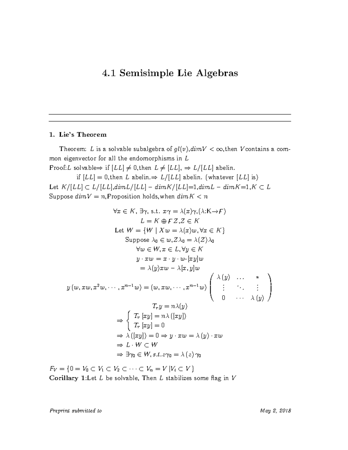 Semisimple Lie Algebras - 4 Semisimple Lie Algebras Lie’s Theorem ...