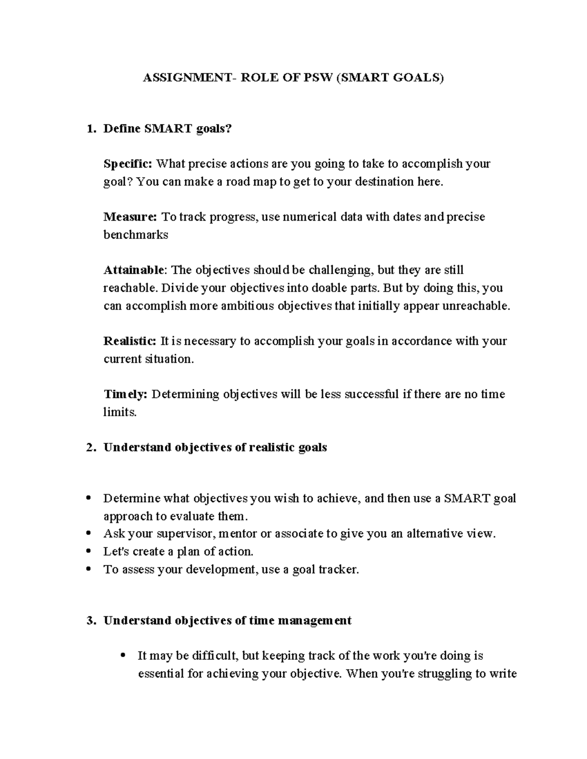 Define Smart goals - ASSIGNMENT- ROLE OF PSW (SMART GOALS) Define SMART ...