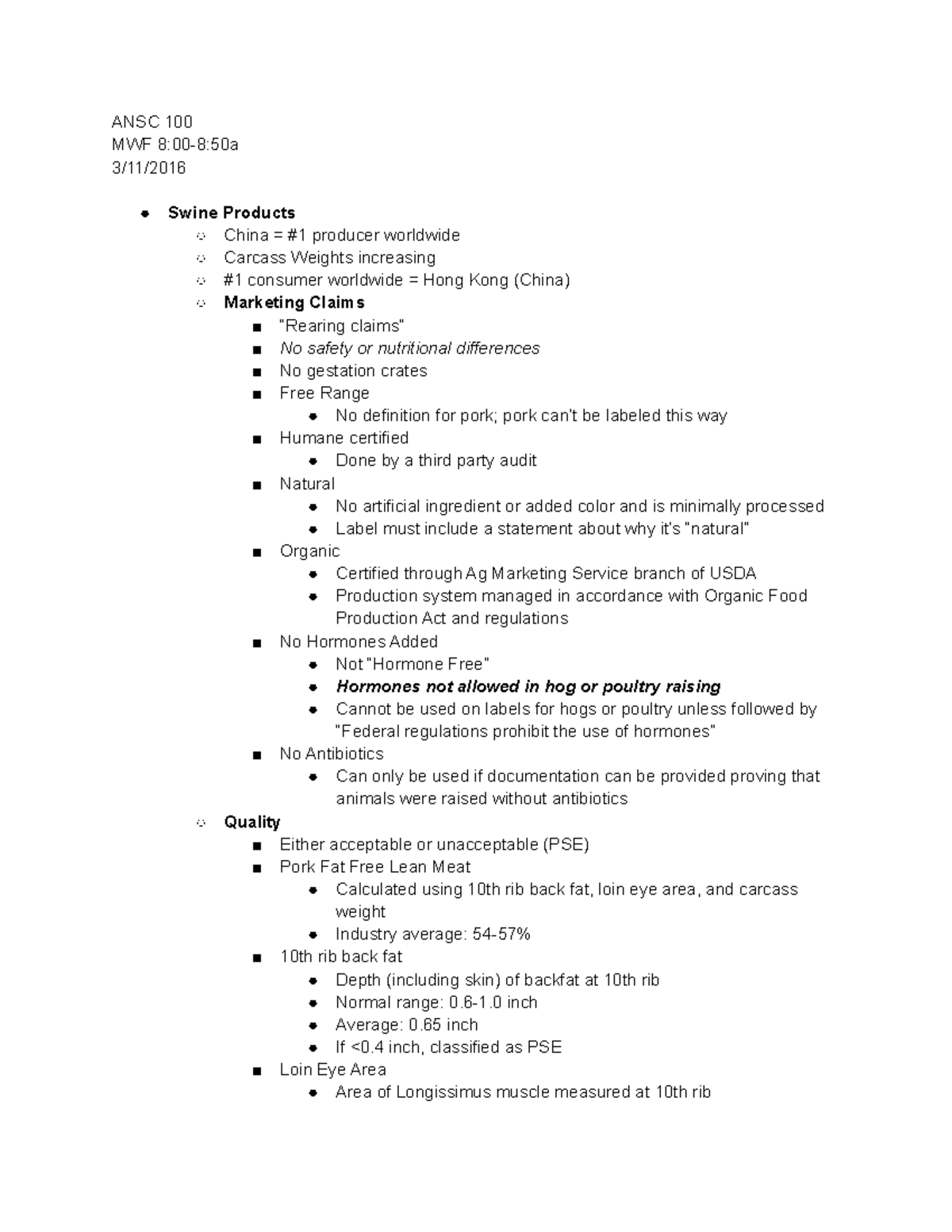 ANSC100_Lecture19 - ANSC 100 MWF 8:00-8:50a 3/11/2016 Swine Products ...