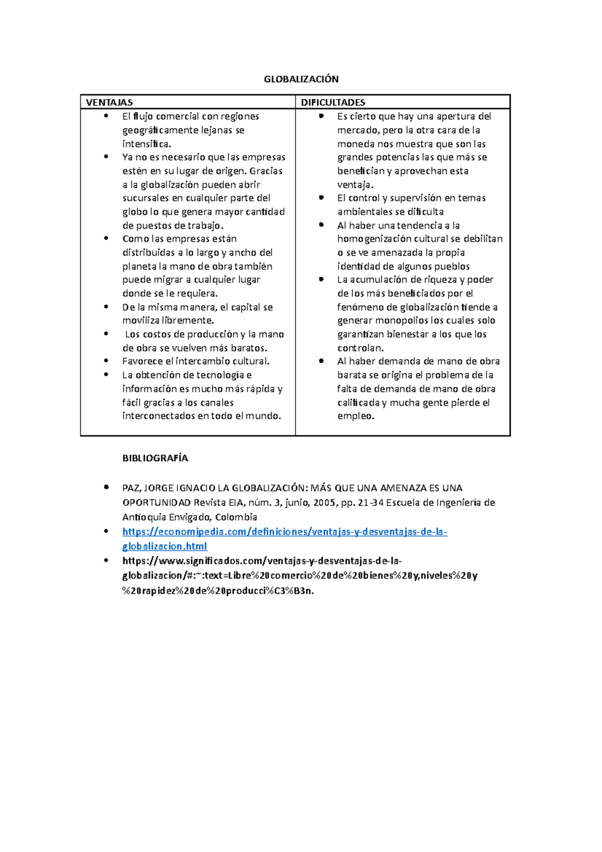 Ventajas Y Dificultades De La Globalización Cuadro Comparativo