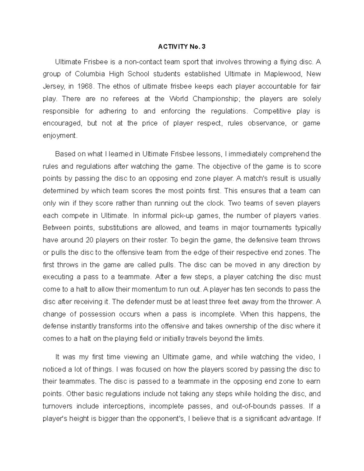 Ultimate Frisbee - Observation of the skills and techniques of players ...